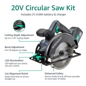 Amazon Brand - Denali by SKIL 20V 6-1/2 Inch Cordless Circular Saw Kit with 4.0Ah Lithium Battery and 2.4A Charger, Blue