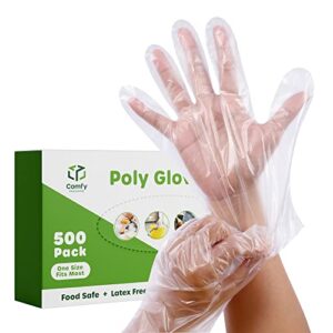 comfy package 500 count disposable sterile poly plastic gloves for cooking, food prep and food service | latex & powder free - one size fits most