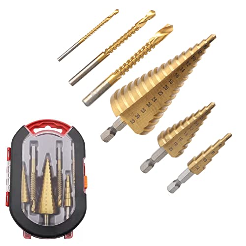 6PCS HSS Titanium Coated Drill Bit Set, High Speed Reaming Pagoda Sawtooth Set, Including 3 Sizes of Step Drill Bit and 3 Sizes of Saw bit for Metalworking, Woodworking, Hole Drilling