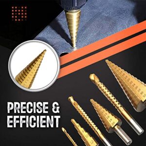 6PCS HSS Titanium Coated Drill Bit Set, High Speed Reaming Pagoda Sawtooth Set, Including 3 Sizes of Step Drill Bit and 3 Sizes of Saw bit for Metalworking, Woodworking, Hole Drilling