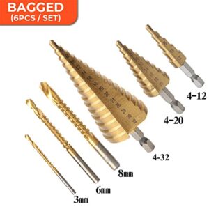 6PCS HSS Titanium Coated Drill Bit Set, High Speed Reaming Pagoda Sawtooth Set, Including 3 Sizes of Step Drill Bit and 3 Sizes of Saw bit for Metalworking, Woodworking, Hole Drilling