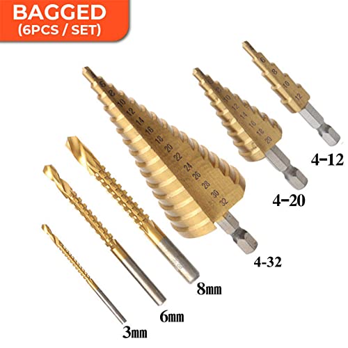 6PCS HSS Titanium Coated Drill Bit Set, High Speed Reaming Pagoda Sawtooth Set, Including 3 Sizes of Step Drill Bit and 3 Sizes of Saw bit for Metalworking, Woodworking, Hole Drilling