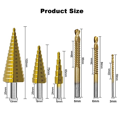 6PCS HSS Titanium Coated Drill Bit Set, High Speed Reaming Pagoda Sawtooth Set, Including 3 Sizes of Step Drill Bit and 3 Sizes of Saw bit for Metalworking, Woodworking, Hole Drilling