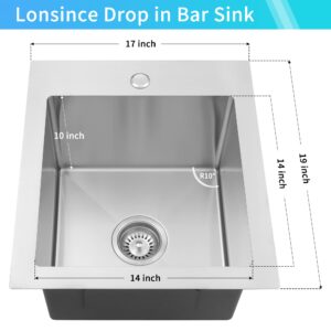 Lonsince Bar Sink,17 X 19 inch Bar Sink Drop in,Wet Bar Sink,Small RV Sink,16 Gauge Small Stainless Steel Kitchen & Bar Sink