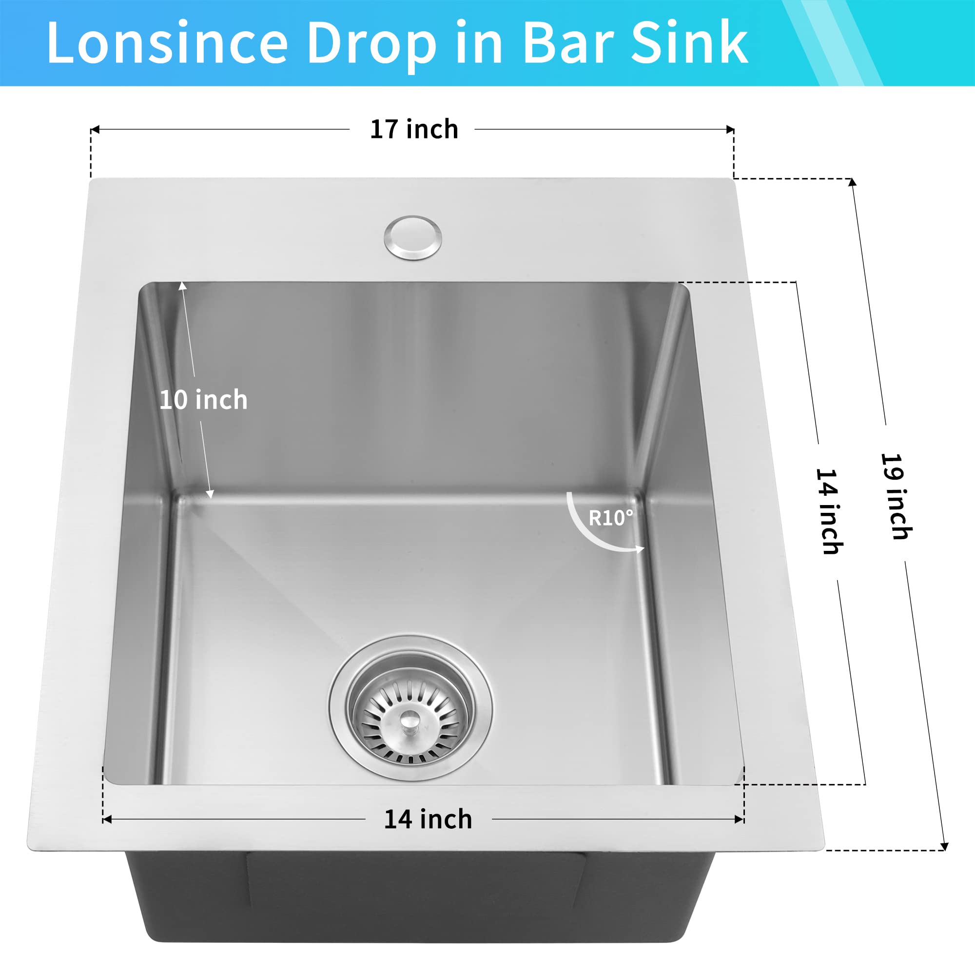 Lonsince Bar Sink,17 X 19 inch Bar Sink Drop in,Wet Bar Sink,Small RV Sink,16 Gauge Small Stainless Steel Kitchen & Bar Sink