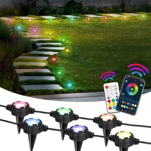 zjojo solar ground lights,42ft rgb solar outdoor lights, ip67 waterproof solar pathway lights, remote & app control lawn decor lights, walkway lights for stage patio yard