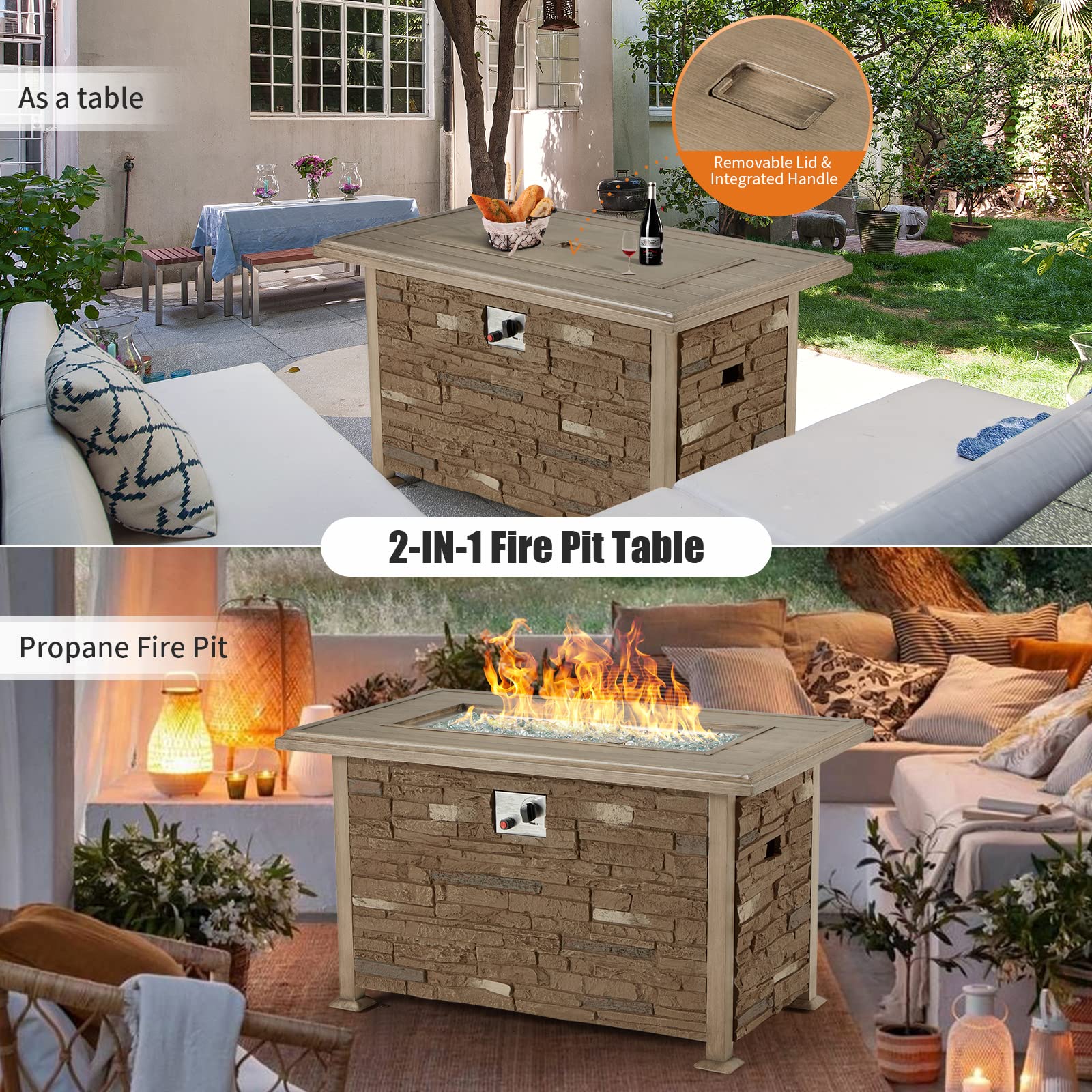 Vicluke 44 Inch Aluminum Propane Fire Pit Table w/Faux Ledgestone, Hand-Painted Table Top, 50,000 BTU Fire Table w/CSA Certification,Waterproof Cover,Glass Rock for Outdoor,Patio,Christmas(Brown)