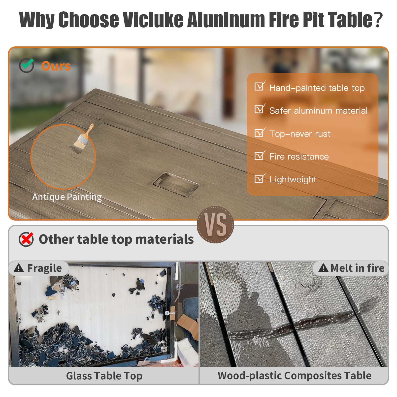 Vicluke 44 Inch Aluminum Propane Fire Pit Table w/Faux Ledgestone, Hand-Painted Table Top, 50,000 BTU Fire Table w/CSA Certification,Waterproof Cover,Glass Rock for Outdoor,Patio,Christmas(Brown)