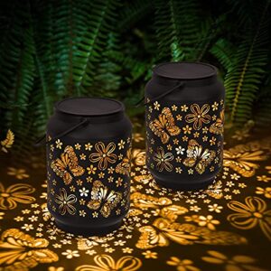 2 pack outdoor solar lanterns butterfly flower design hanging solar lantern lights waterproof solar powered lanterns decorative with handle solar outdoor lantern for table, patio, courtyard, garden