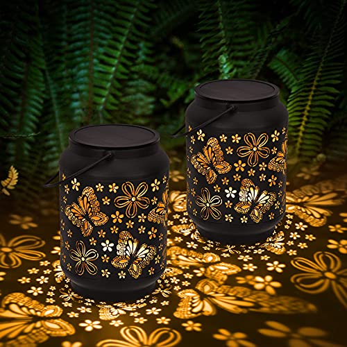 2 Pack Outdoor Solar Lanterns Butterfly Flower Design Hanging Solar Lantern Lights Waterproof Solar Powered Lanterns Decorative with Handle Solar Outdoor Lantern for Table, Patio, Courtyard, Garden