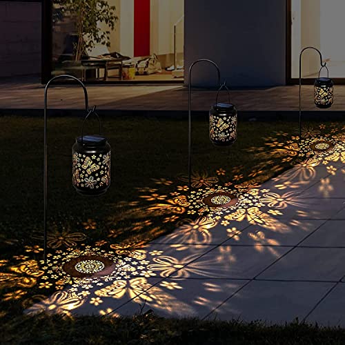 2 Pack Outdoor Solar Lanterns Butterfly Flower Design Hanging Solar Lantern Lights Waterproof Solar Powered Lanterns Decorative with Handle Solar Outdoor Lantern for Table, Patio, Courtyard, Garden