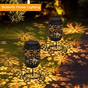 2 Pack Outdoor Solar Lanterns Butterfly Flower Design Hanging Solar Lantern Lights Waterproof Solar Powered Lanterns Decorative with Handle Solar Outdoor Lantern for Table, Patio, Courtyard, Garden