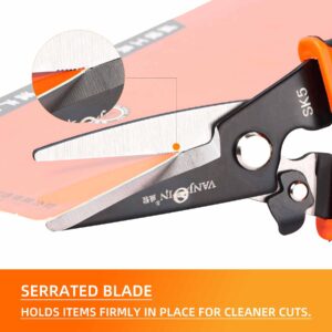 VANJOIN Heavy Duty Scissors, 9 Inch Multipurpose Carpet Cutting Scissors with Finely Serrated, Steel Shears Spring Loaded Snips for industry home for Copper Wire, Cardboard, Fabric, Tree Branches