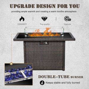 Vakollia Propane Fire Pit Table,44 Inch 55000 BTU Outdoor Gas Fire Pit Rectangular with Glass Wind Guard for Outside Patio Deck (Brown-Glass Top)