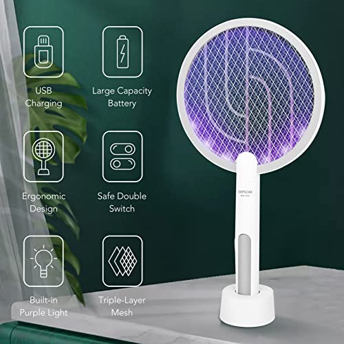 Bug Zapper, ZAPGEAR USB Rechargeable Electric Fly Swatter, 1200mAh with Charging Base, Home Night Lamp, 3000 Volt Mosquito Zapper, Indoor Mosquito Killer & Insect Killer Against Flies, Moths (Medium)