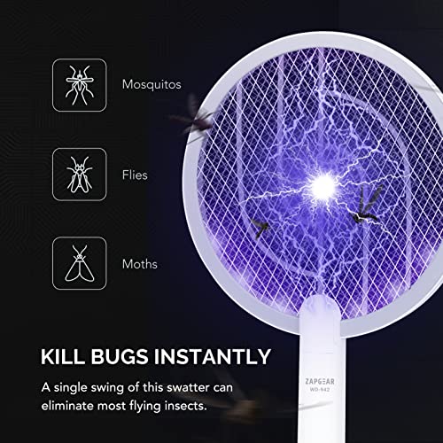 Bug Zapper, ZAPGEAR USB Rechargeable Electric Fly Swatter, 1200mAh with Charging Base, Home Night Lamp, 3000 Volt Mosquito Zapper, Indoor Mosquito Killer & Insect Killer Against Flies, Moths (Medium)