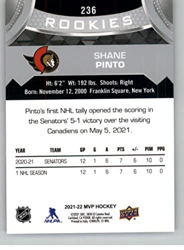 2021-22 Upper Deck MVP Silver Script #236 Shane Pinto RC Rookie Card Ottawa Senators Official NHL Hockey Card in Raw (NM or Better) Condition