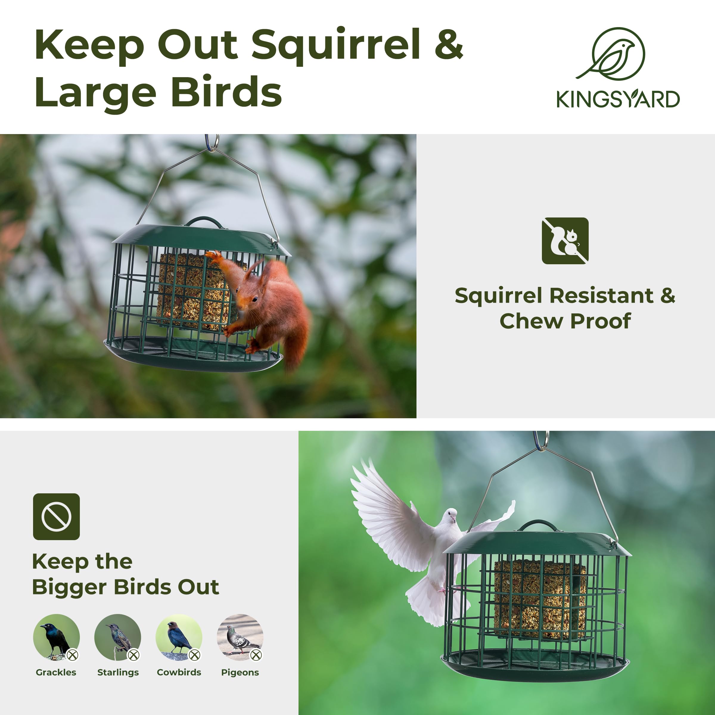 Kingsyard Squirrel Proof Suet Feeder, Cage Bird Feeders for Outdoors Hanging, All Metal, Double Suet Cake Capacity, Tray & Weatherproof, Green