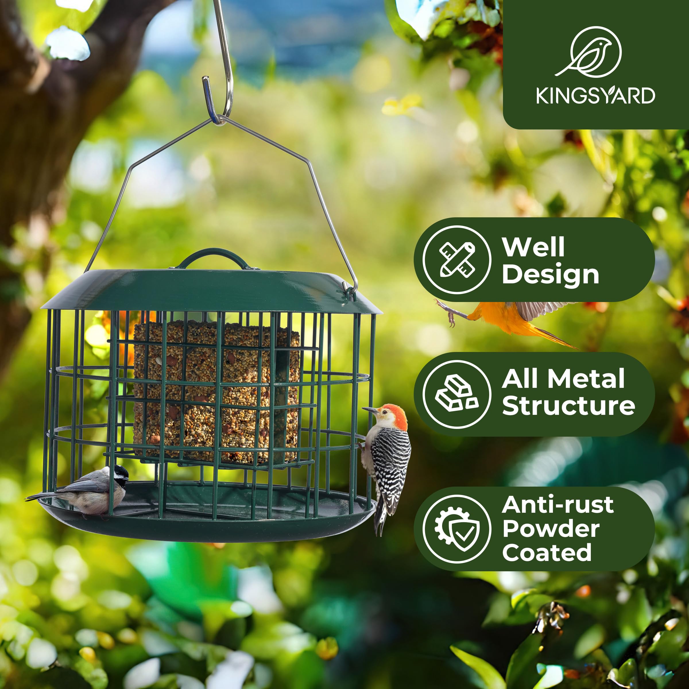 Kingsyard Squirrel Proof Suet Feeder, Cage Bird Feeders for Outdoors Hanging, All Metal, Double Suet Cake Capacity, Tray & Weatherproof, Green