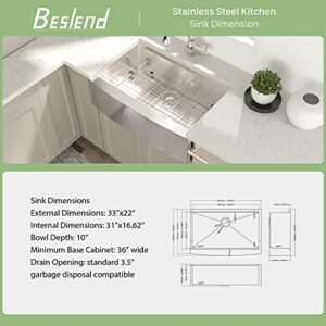 33"x22"x10" Inch Farmhouse Kitchen Sink Beslend Stainless Steel Apron Front 16 Gauge Single Ledge Workstation Farm Sink With Accessories