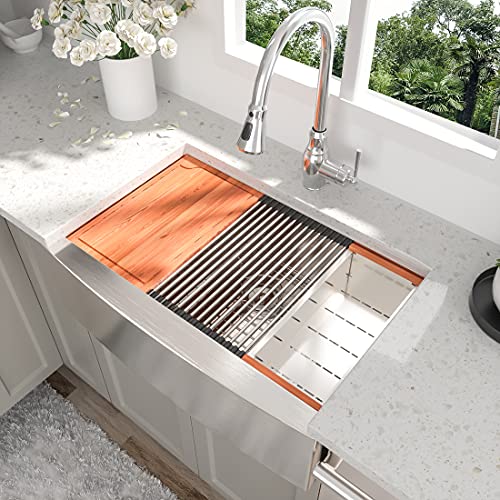 33"x22"x10" Inch Farmhouse Kitchen Sink Beslend Stainless Steel Apron Front 16 Gauge Single Ledge Workstation Farm Sink With Accessories