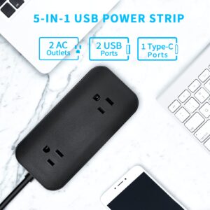 YIFENG Small Flat Plug Power Strip with USB Ports, Portable 2 Outlet Plug Strip with 5 Feet Extension Cord, Mini Desktop Charging Station Hub for Dorm Room Cruise Travel Essentials