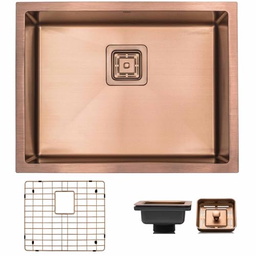 Strictly Sinks 23 Inch Undermount Kitchen Sink – Gunmetal Copper Single Bowl 16 Gauge Stainless Steel Bar Prep Kitchen Sink Scratch & Stain Resistant – With Single Strainer Square Drain & Bottom Grid