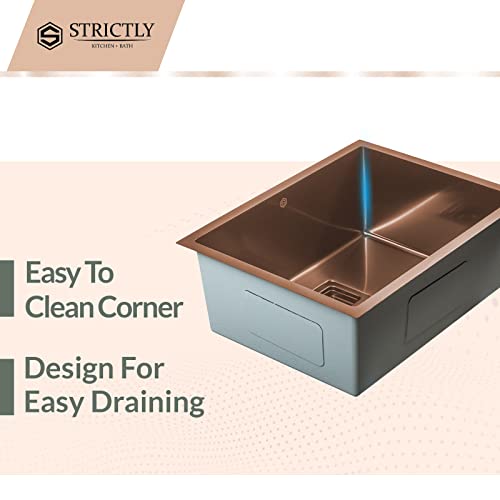 Strictly Sinks 23 Inch Undermount Kitchen Sink – Gunmetal Copper Single Bowl 16 Gauge Stainless Steel Bar Prep Kitchen Sink Scratch & Stain Resistant – With Single Strainer Square Drain & Bottom Grid