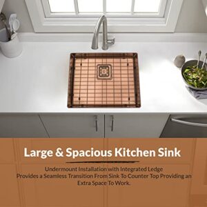 Strictly Sinks 23 Inch Undermount Kitchen Sink – Gunmetal Copper Single Bowl 16 Gauge Stainless Steel Bar Prep Kitchen Sink Scratch & Stain Resistant – With Single Strainer Square Drain & Bottom Grid