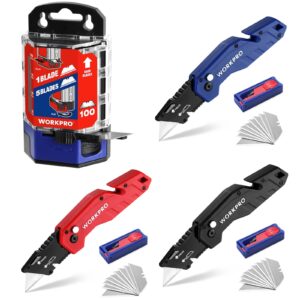 workpro utility knife blades, 100-pack sk5 utility blades & workpro 3-piece folding utility knife (blue/black/red)