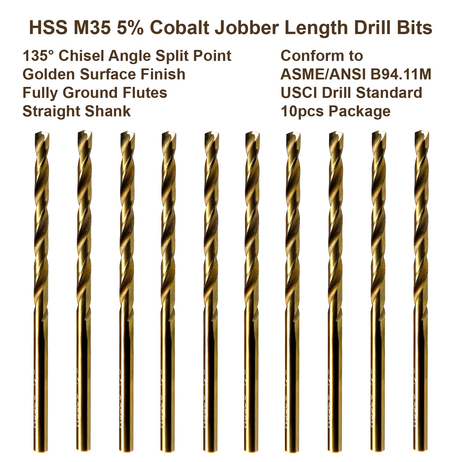 MAXTOOL No.25 10pcs Identical Jobber Length Drills Dia 0.1495" HSS M35 Cobalt Twist Drill Bits Wire Gauge Numbered Straight Drills; JBN35G10R25P10