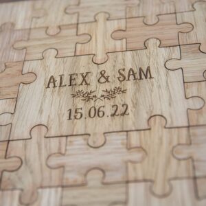 Wedding guest book alternative jigsaw puzzle personalized guestbook | laser engraved wooden pieces for party engagement reception anniversary (104 piece - Capital Letter Font)