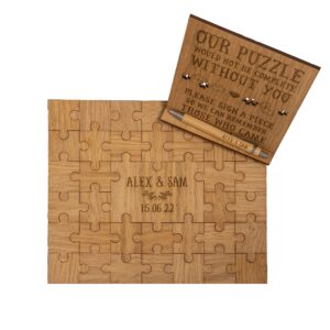 Wedding guest book alternative jigsaw puzzle personalized guestbook | laser engraved wooden pieces for party engagement reception anniversary (104 piece - Capital Letter Font)