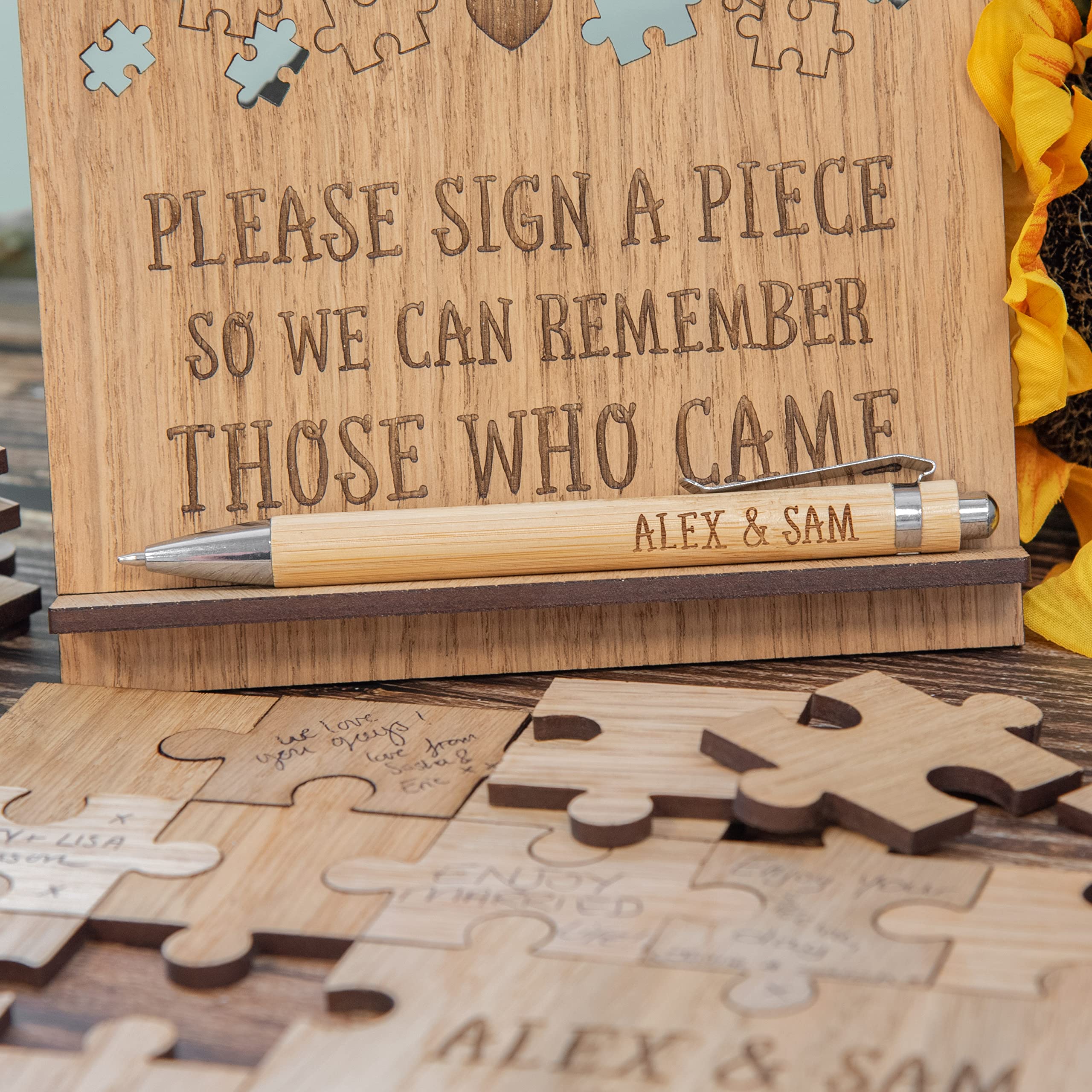 Wedding guest book alternative jigsaw puzzle personalized guestbook | laser engraved wooden pieces for party engagement reception anniversary (104 piece - Capital Letter Font)