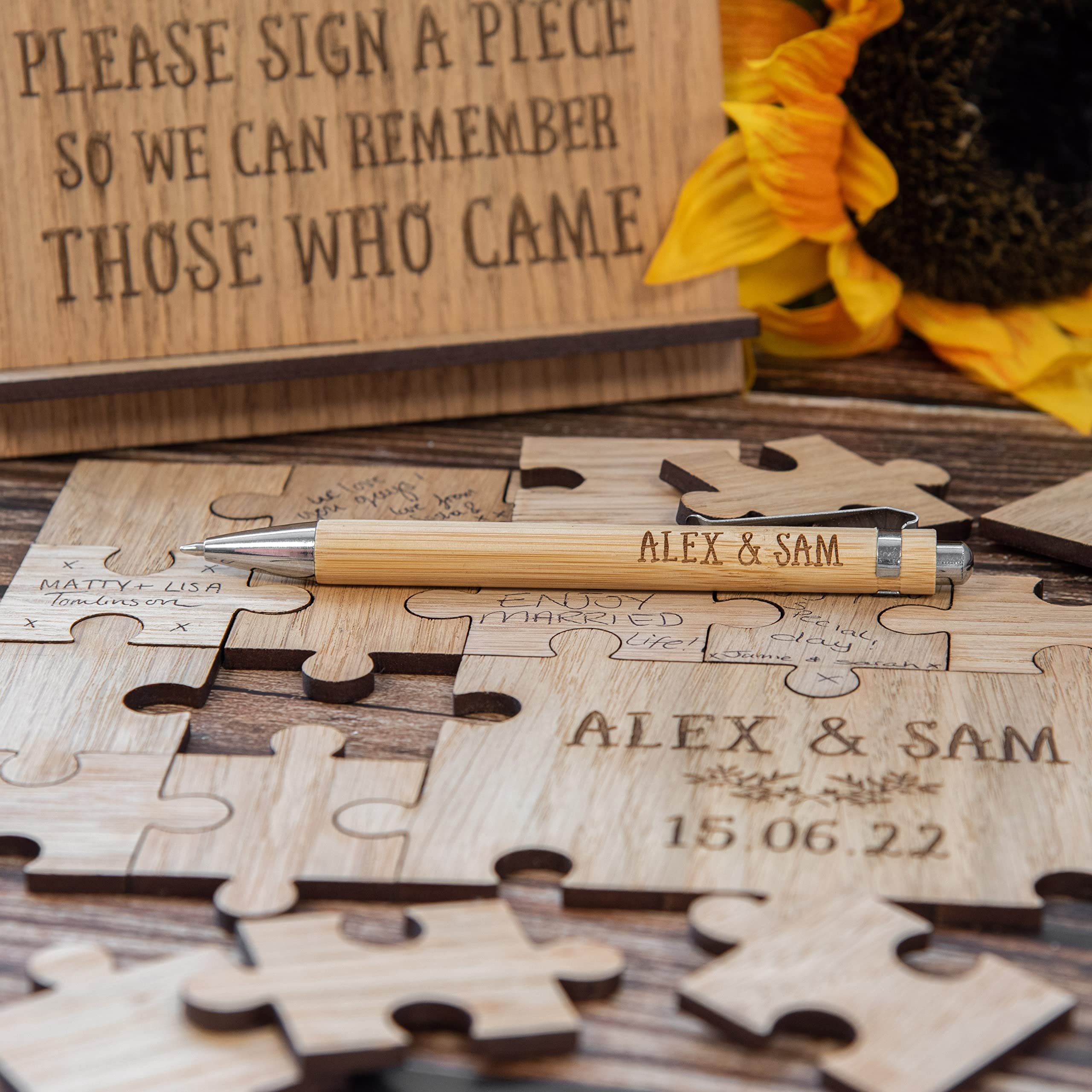 Wedding guest book alternative jigsaw puzzle personalized guestbook | laser engraved wooden pieces for party engagement reception anniversary (104 piece - Capital Letter Font)