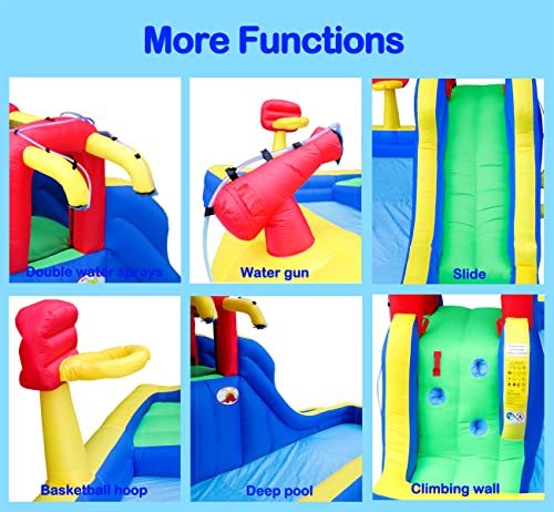 WELLFUNTIME Inflatable Water Park with Blower, Slide with Water Cannon and Double Basketball Rings