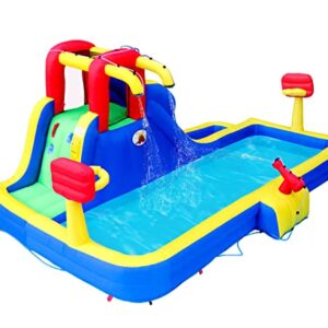 WELLFUNTIME Inflatable Water Park with Blower, Slide with Water Cannon and Double Basketball Rings