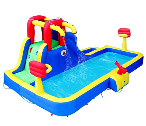 WELLFUNTIME Inflatable Water Park with Blower, Slide with Water Cannon and Double Basketball Rings