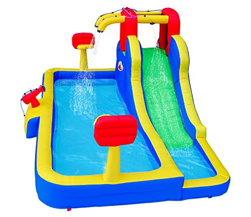 WELLFUNTIME Inflatable Water Park with Blower, Slide with Water Cannon and Double Basketball Rings