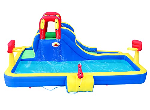 WELLFUNTIME Inflatable Water Park with Blower, Slide with Water Cannon and Double Basketball Rings