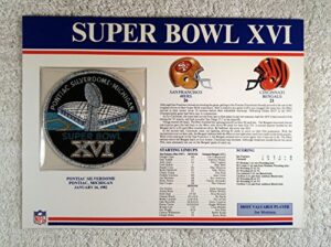 super bowl xvi (1982) - official nfl super bowl patch with complete statistics card - san francisco 49ers vs cincinnati bengals - joe montana mvp