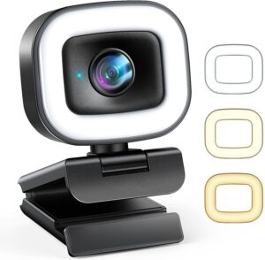 60fps webcam with ring light, auto-focus 1080p web camera with dual microphone and privacy cover，streaming webcam for youtube, skype, zoom, twitch, obs, xsplit and video calling