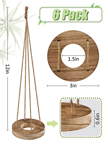 6 Pcs Hanging Wooden Air Plant Holder - 3" Round Wooden Air Plant Hanger with Jute Ropes, Rustic Air Plant Stand Tillandsia Succulent Display Container for Home Office Decor (Plants Not Included)