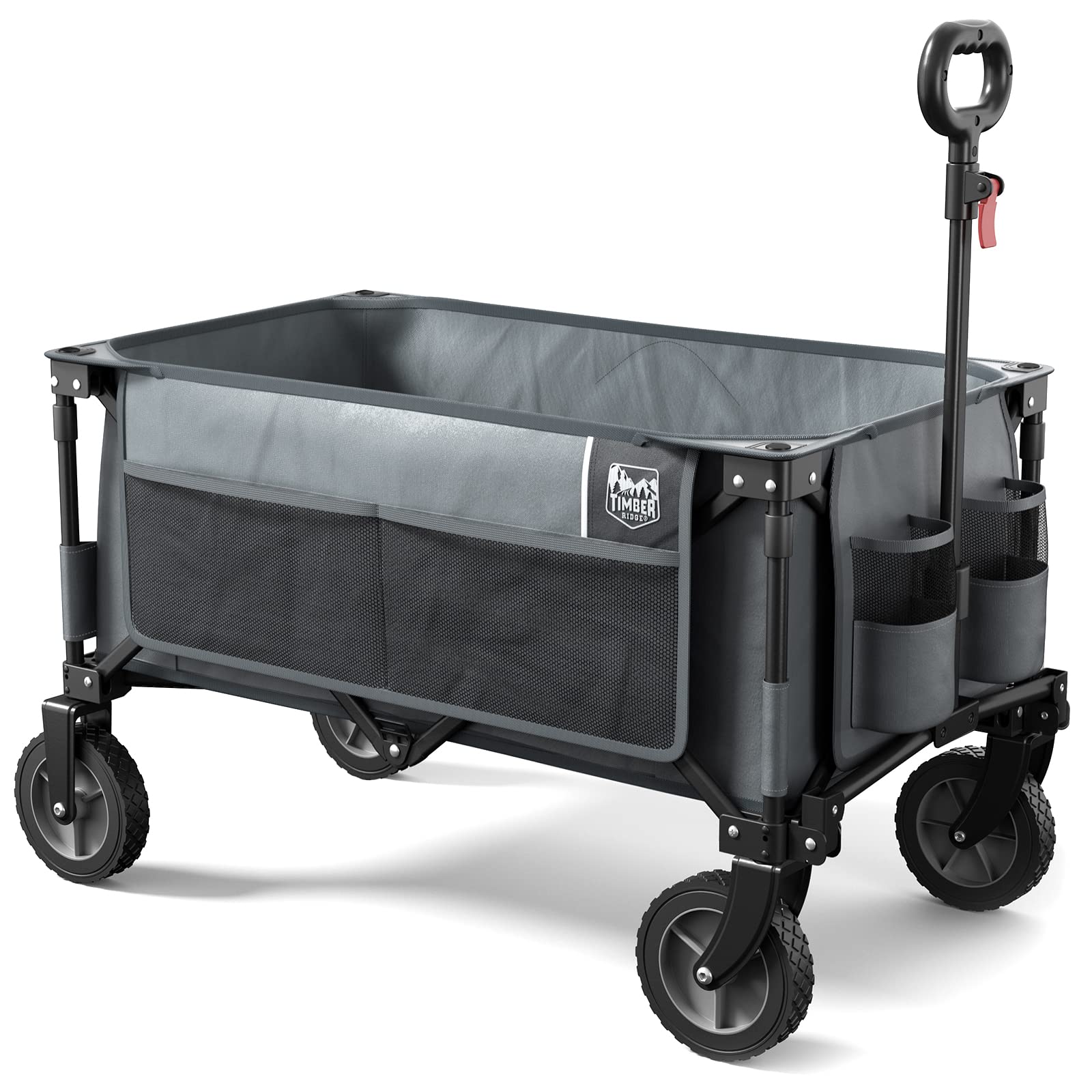 TIMBER RIDGE Collapsible Wagon Cart, Heavy Duty Foldable Garden Cart with Side Pocket and Cup Holders, Folding Utility Wagon for Garden, Sports, Shopping and Camping, Grey