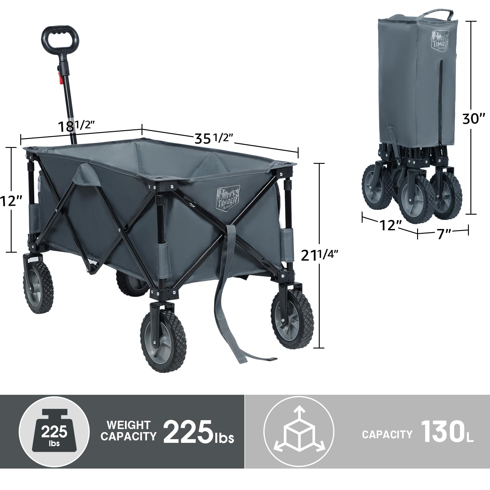 TIMBER RIDGE Collapsible Wagon Cart, Heavy Duty Foldable Garden Cart with Side Pocket and Cup Holders, Folding Utility Wagon for Garden, Sports, Shopping and Camping, Grey