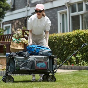 TIMBER RIDGE Collapsible Wagon Cart, Heavy Duty Foldable Garden Cart with Side Pocket and Cup Holders, Folding Utility Wagon for Garden, Sports, Shopping and Camping, Grey