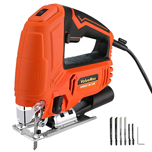 ValueMax Jig Saw, 5.0AMP Corded Electric Jigsaw with 6 Variable Speeds, 4-Position Orbital Setting, ±45° Bevel, Dust Blower and 6Pc Blades, Jigsaw Tool Kit for Wood, Metal and Plastic Cutting