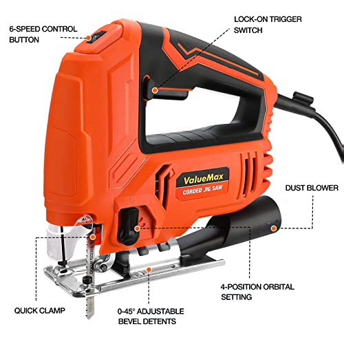 ValueMax Jig Saw, 5.0AMP Corded Electric Jigsaw with 6 Variable Speeds, 4-Position Orbital Setting, ±45° Bevel, Dust Blower and 6Pc Blades, Jigsaw Tool Kit for Wood, Metal and Plastic Cutting