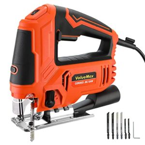 valuemax jig saw, 6.5amp corded electric jigsaw with 6 variable speeds, 4-position orbital setting, ±45° bevel, dust blower and 6pc blades, jigsaw tool kit for wood, metal and plastic cutting