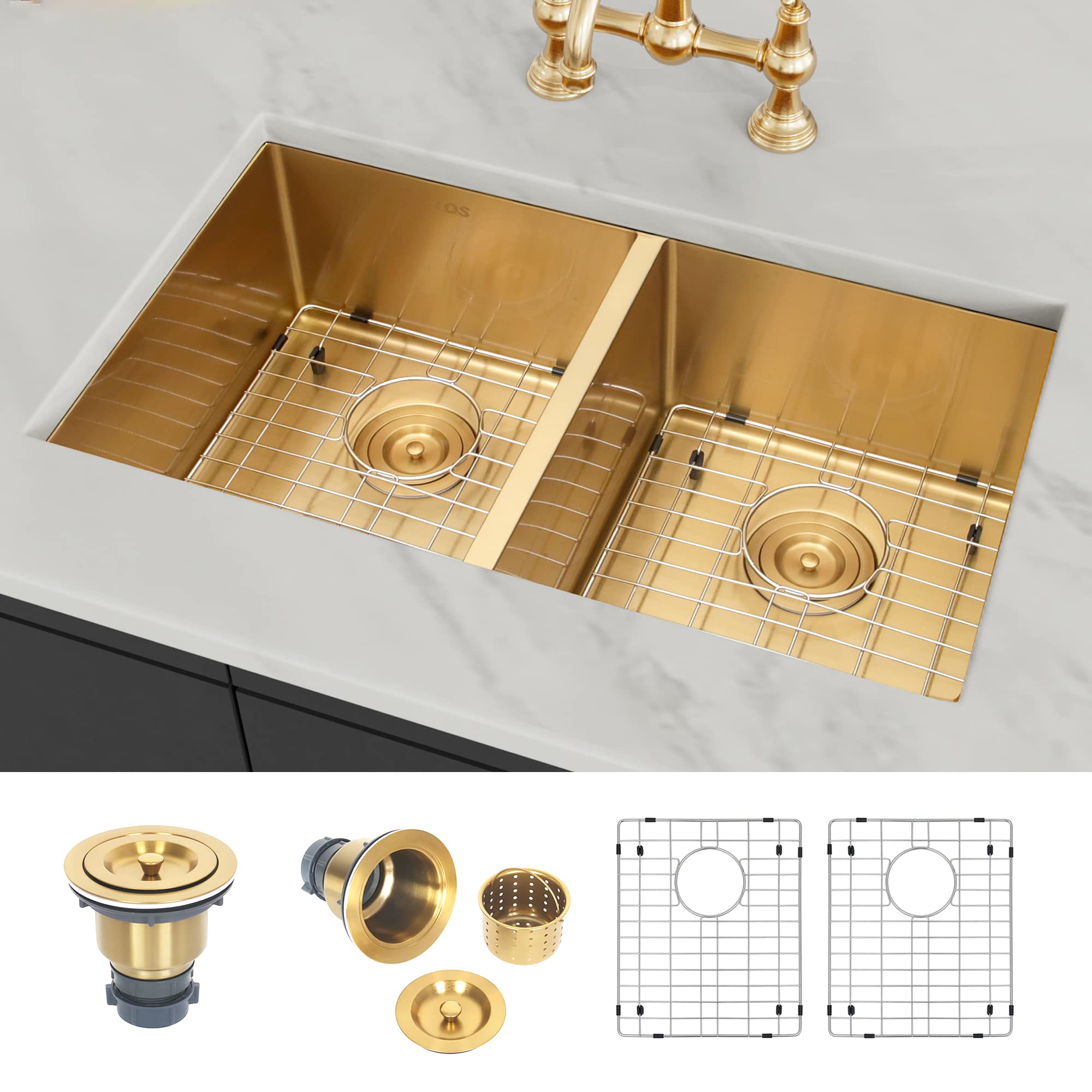 LQS Undermount Kitchen Sink Double Bowl 31 Inch Gold Colour, Stainless Steel Double Bowl Kitchen Sink, Double Bowl Kitchen Sinks with Accessories